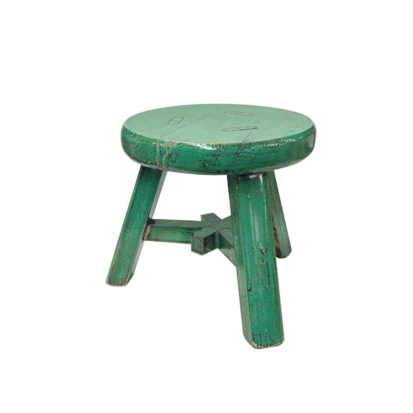 Rustic Distressed Teal Green Round Top Tri-Legs Small Short Stool Tabl ...