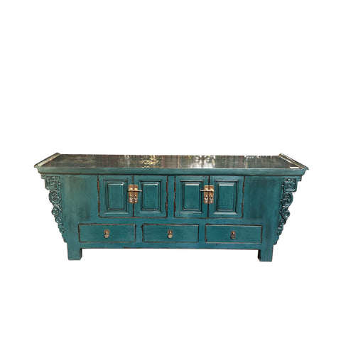 Oriental Distressed Rustic Teal Blue Low TV Console Table Cabinet ws37 ...