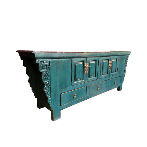 Oriental Distressed Rustic Teal Blue Low TV Console Table Cabinet ws37 ...