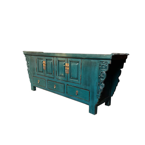 Oriental Distressed Rustic Teal Blue Low TV Console Table Cabinet ws37 ...