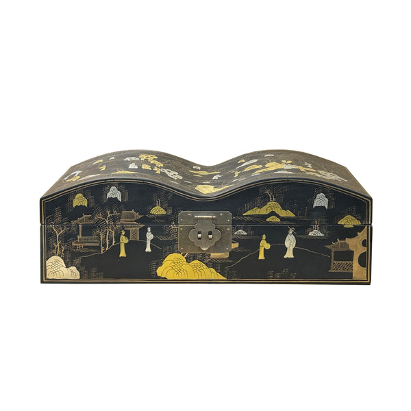 Black Lacquer Chinoiserie-style Gold Silver Scenery Graphic Rectangula ...