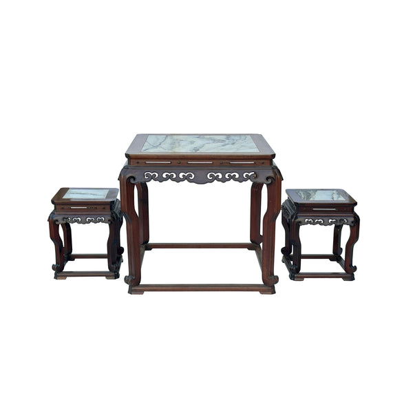 Vintage Chinese Square Marble Top 2 Stools Tea Table Set cs7828S ...