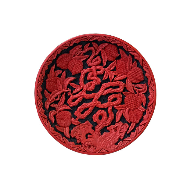 Chinese Red Resin Lacquer Round Peach Tree Relief Carving Accent Plate ...
