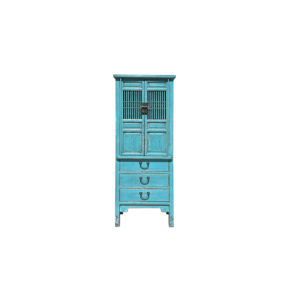 Distressed Aqua Blue Slim Wood Carving Shutter Doors Storage Cabinet w ...