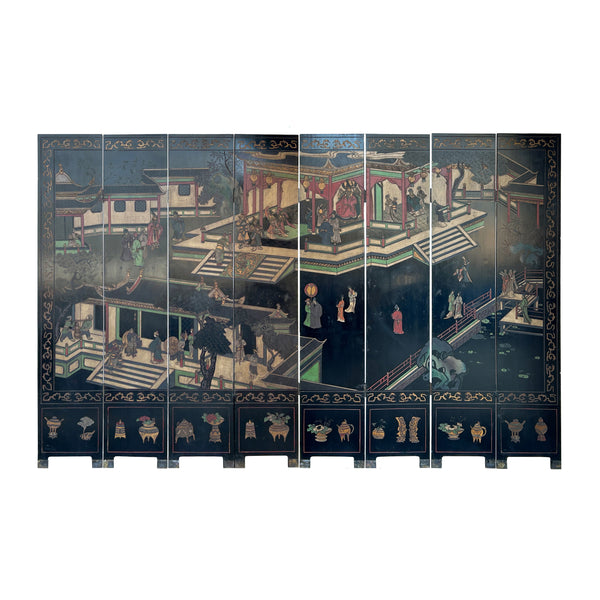 Vintage Chinese Coromandel Lacquer Court House Theme 8 Panel Screen ws ...
