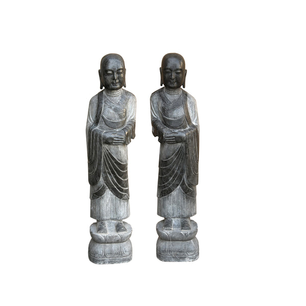 Pair Black Gray Stone Carved Standing Monk Arhat Lohan Statues ws4335P ...