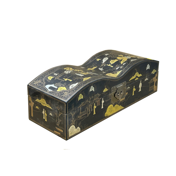 Black Lacquer Chinoiserie-style Gold Silver Scenery Graphic Rectangula ...