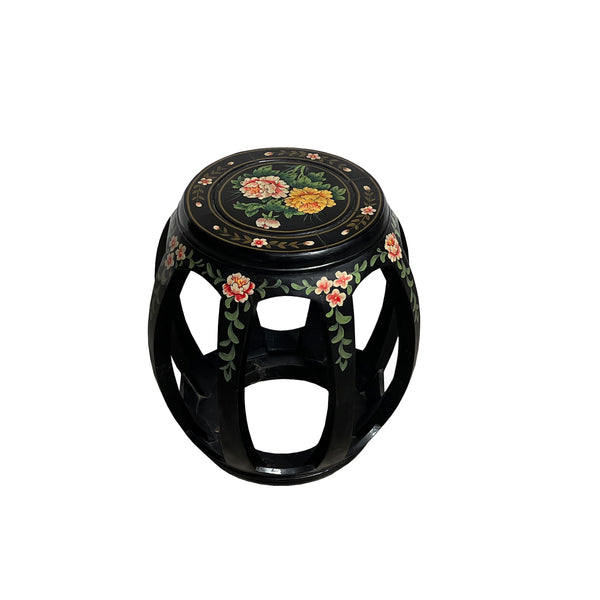 Chinese Black Color Flower Graphic Round Barrel Shape Wood Stool ws313 ...