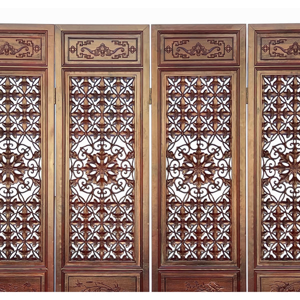 Chinese Brown Stain Geometric Flower Pattern Wood Panel Floor Screen c ...