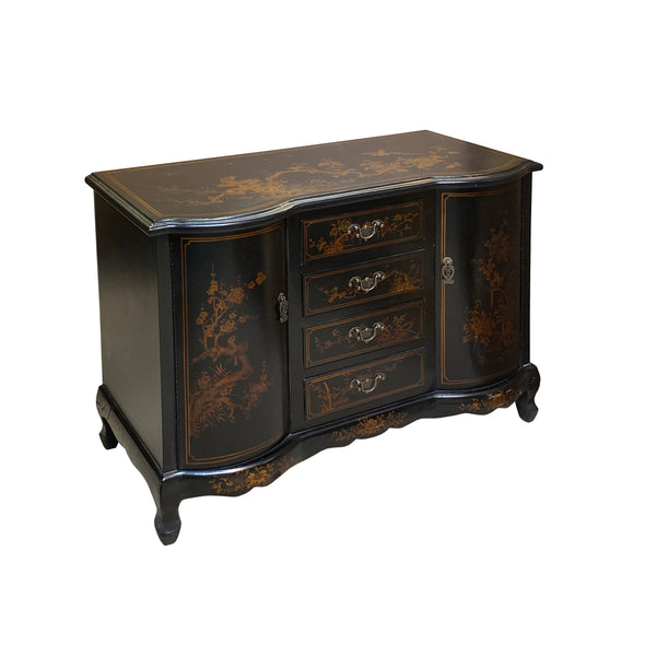 Chinese Black Veneer Golden Scenery Credenza Console Cabinet Table cs7 ...