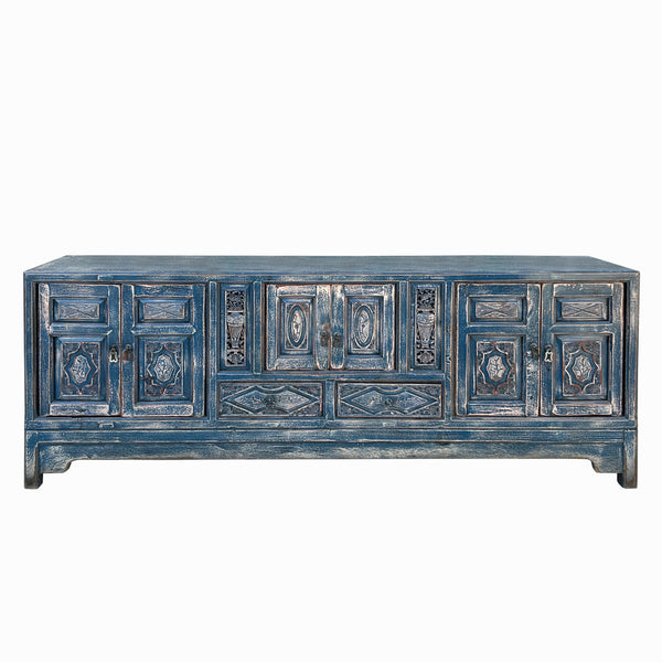 Chinese Distressed Dark Blue Vases Relief Pattern TV Console Table Cab ...