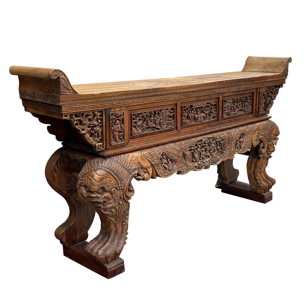 Chinese Vintage Opera Scenery Lion Heads Carving Long Altar Console Ta ...