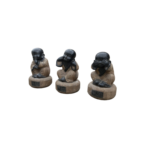 Large Set 3 Black Gray Brown Stone Kid Monk Lohon Do No Evil Figures c ...