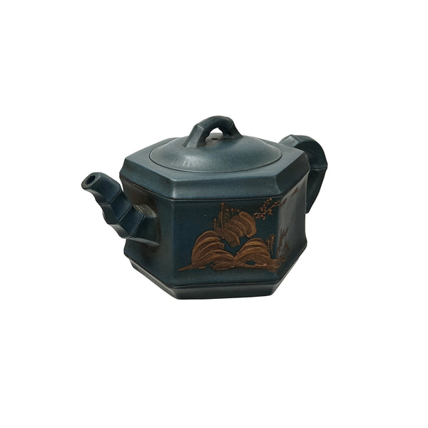 Vintage Chinese Gray Blue Hexagonal Bamboo Theme Zisha Clay Teapot Art ...
