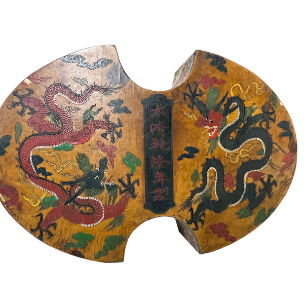 Chinese Distressed Mustard Yellow Dragon Graphic Oval Shape Box ws3389 ...