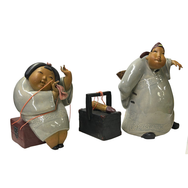 Chinese Artistic Pottery Couple Feature Display Figurines 3 Pieces Set ...