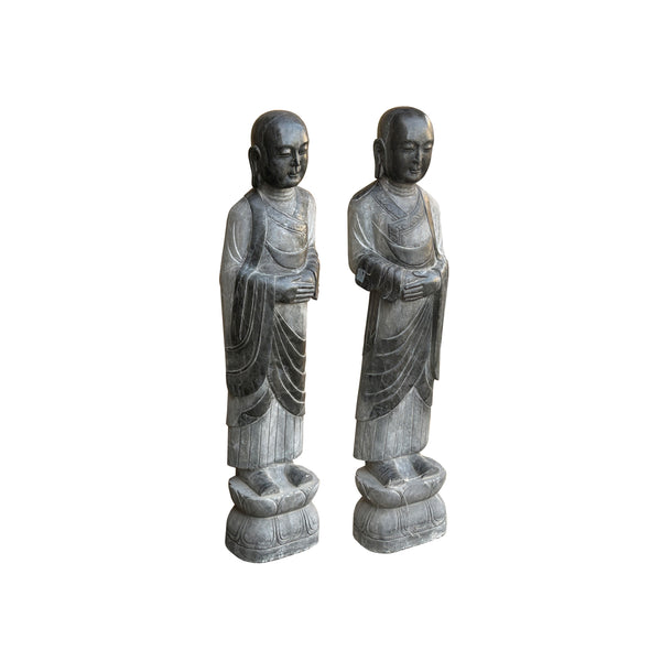 Pair Black Gray Stone Carved Standing Monk Arhat Lohan Statues ws4335P ...