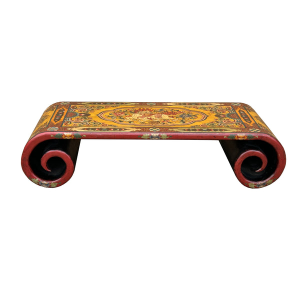 65.5"" Tibetan Style Yellow Red Lion Graphic Scroll Rectangular Coffee ...