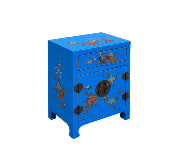 Chinese Bright Blue Vinyl Moon Face Flower Birds End Table Nightstand ...