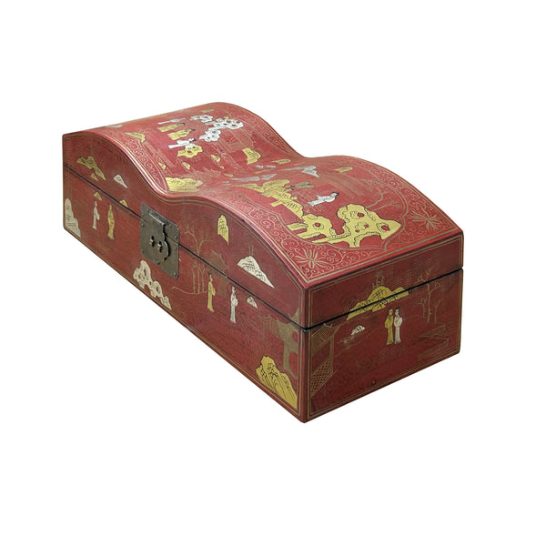 Red Lacquer Chinoiserie-style Gold Silver Scenery Graphic Rectangular ...