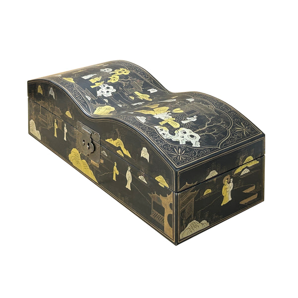 Black Lacquer Chinoiserie-style Gold Silver Scenery Graphic Rectangula ...