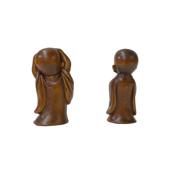 Chinese Pair Wood Carved Mini Kid Arhat Monk Lohon Figures ws3183S ...