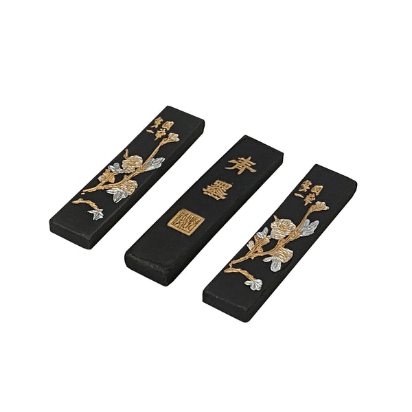 3 Pcs Chinese Calligraphic Black Ink Sticks w Silver Color Flower Char ...