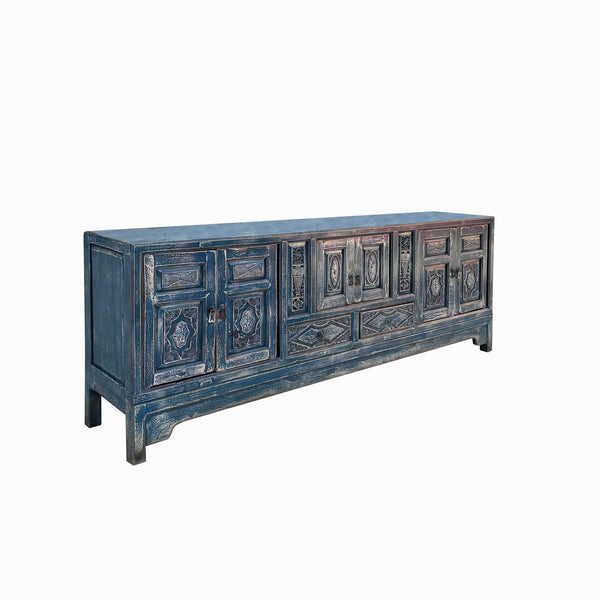 Chinese Distressed Dark Blue Vases Relief Pattern TV Console Table Cab ...