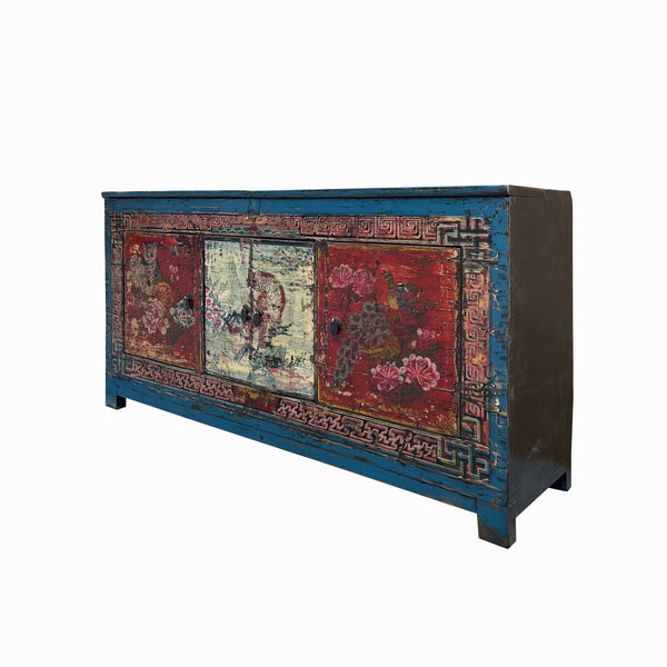 Chinese Distressed Blue Red Tiger Graphic Sideboard Console Cabinet cs ...