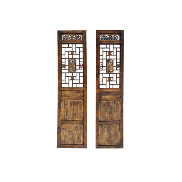 Pair Vintage Tall Flower Bird Geometric Pattern Raw Wood Door Panels c ...