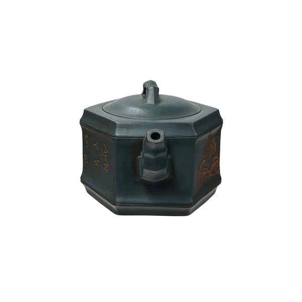 Vintage Chinese Gray Blue Hexagonal Bamboo Theme Zisha Clay Teapot Art ...