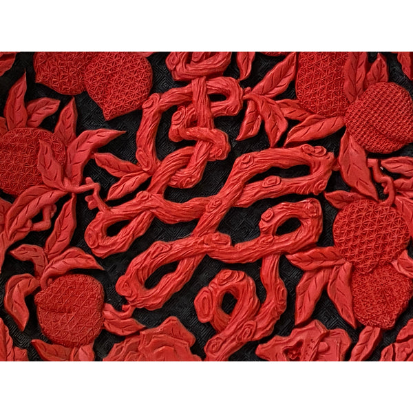 Chinese Red Resin Lacquer Round Peach Tree Relief Carving Accent Plate ...