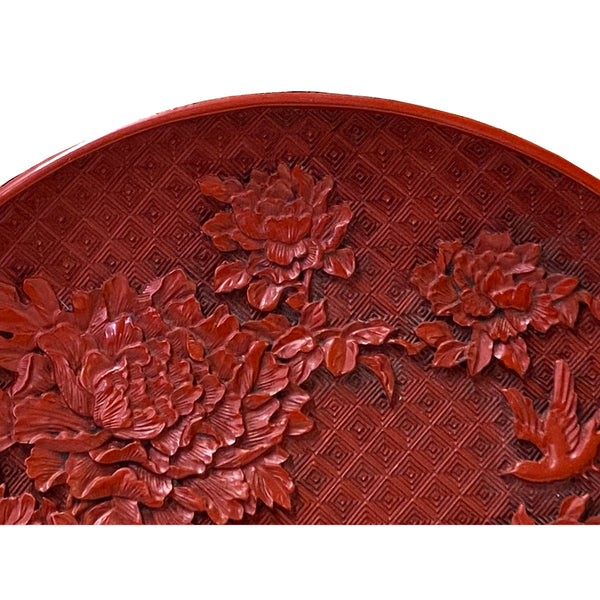 Chinese Red Resin Lacquer Round Flower Bird Relief Carving Accent Plat ...