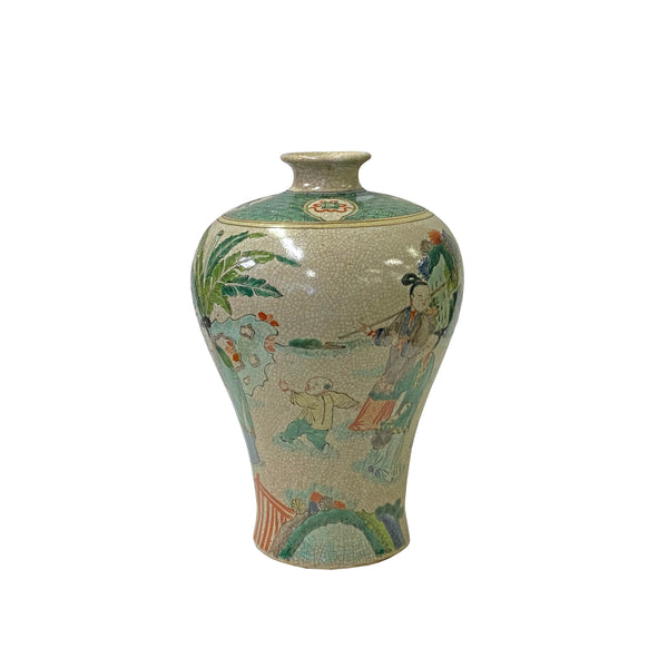 Vintage Chinese Crackle Beige Color People Graphic Porcelain Vase ws34 ...