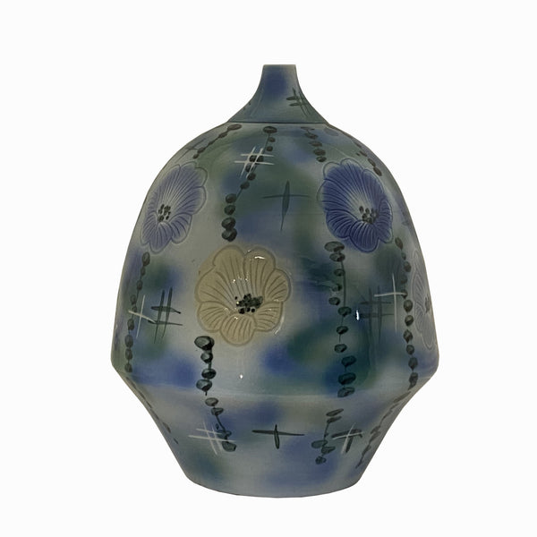 Artistic Flower Blue Green Porcelain Fat Round Body Small Mouth Vase w ...
