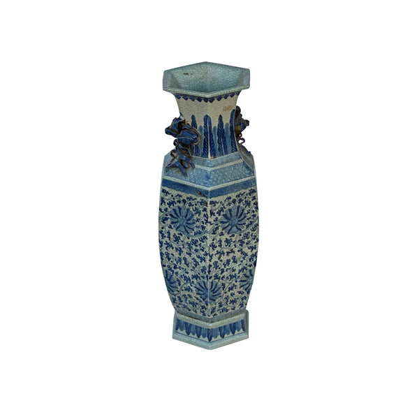 Vintage Chinese Off White Blue Flower Graphic Hexagonal Porcelain Vase ...