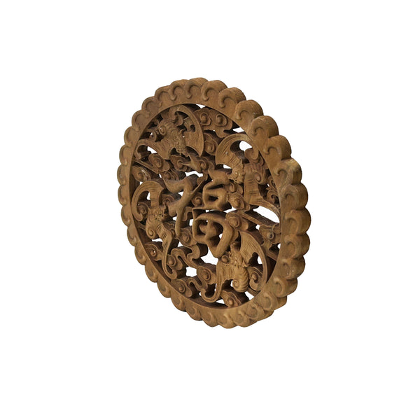 Small Round Wave Edge 5 Blessing Fok Bats Motif Wood Wall Panel Plaque ...