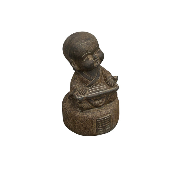 Oriental Gray Stone Little Lohon Monk Playing Zither Statue ws3628S ...