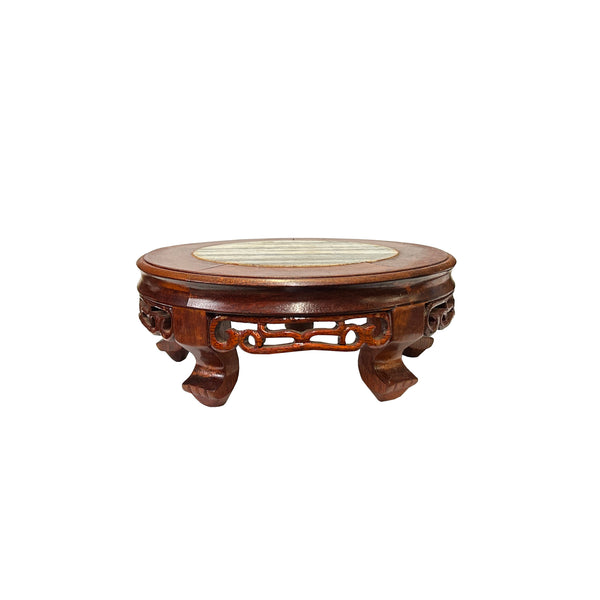 10" Chinese Brown Wood Round Stone Top Vase Stand Display Riser ws3723 ...
