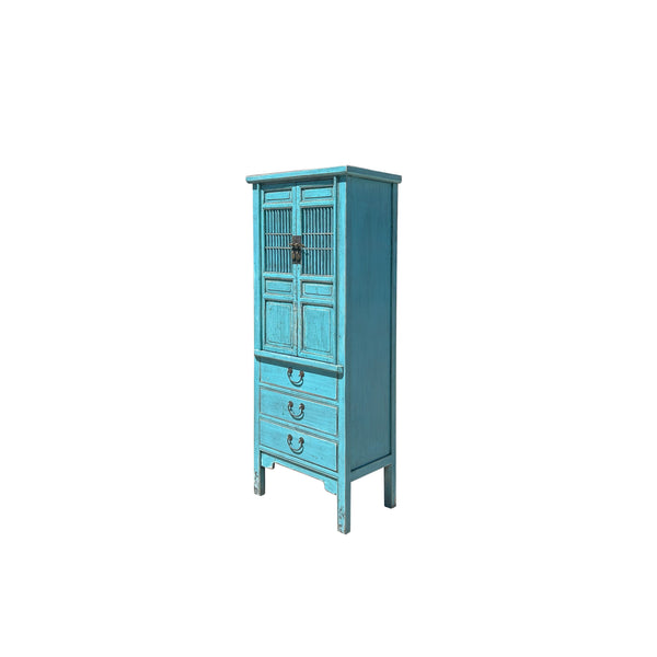 Distressed Aqua Blue Slim Wood Carving Shutter Doors Storage Cabinet w ...