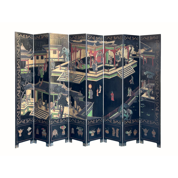Vintage Chinese Coromandel Lacquer Court House Theme 8 Panel Screen ws ...