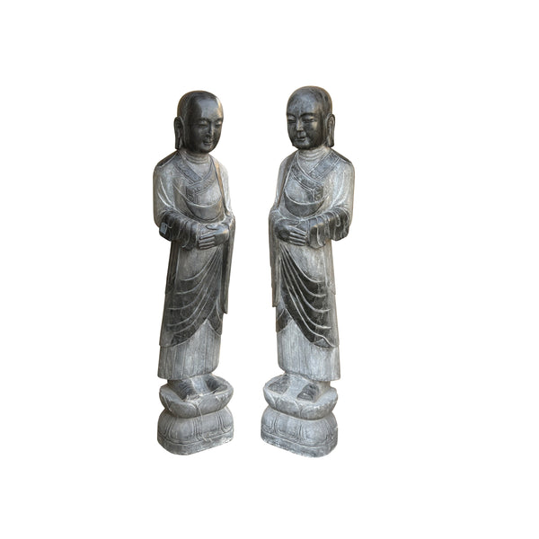 Pair Black Gray Stone Carved Standing Monk Arhat Lohan Statues ws4335P ...
