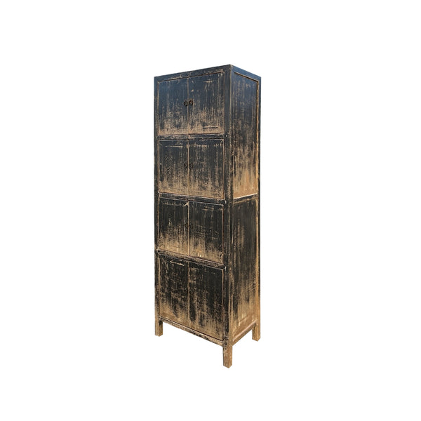 Distressed Black Tan Marks Tall Slim 4 Shelves Closed Doors Storage Ca ...
