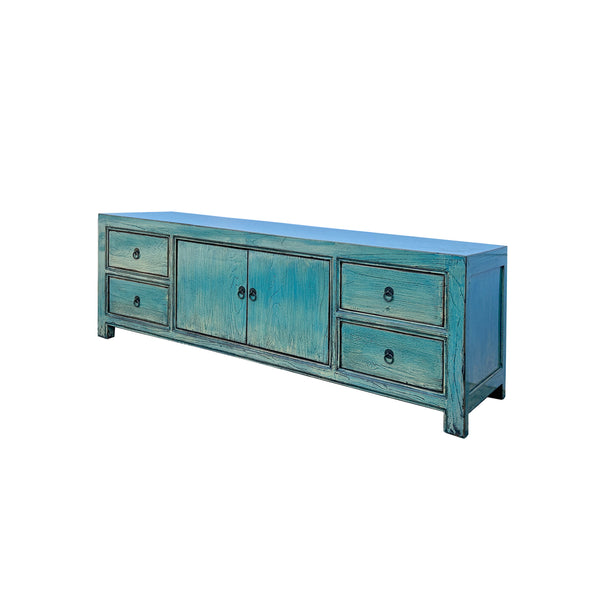 Oriental Distressed Light Turquoise Blue Low TV Media Console Cabinet ...