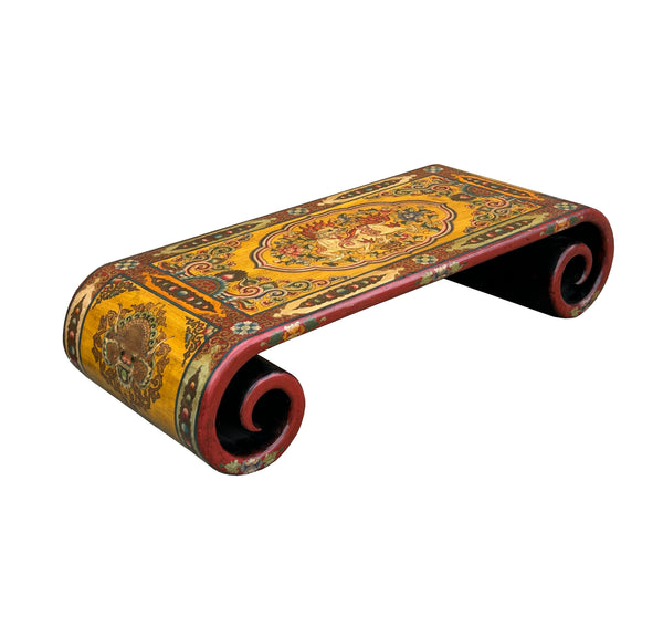 65.5"" Tibetan Style Yellow Red Lion Graphic Scroll Rectangular Coffee ...