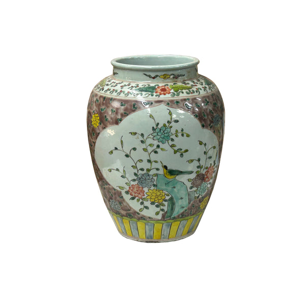 Vintage Chinese Color Porcelain Lotus Bird Scenery Pot Jar Vase ws4676 ...