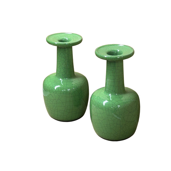 Pair Orient Crackle Pattern Verdant Green Color Pottery Ceramic Vases ...