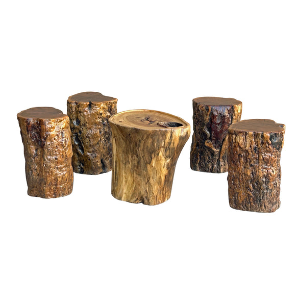 Set of 5 Raw Wood Rough Grain Finish Irregular Shape Short Stool Table ...
