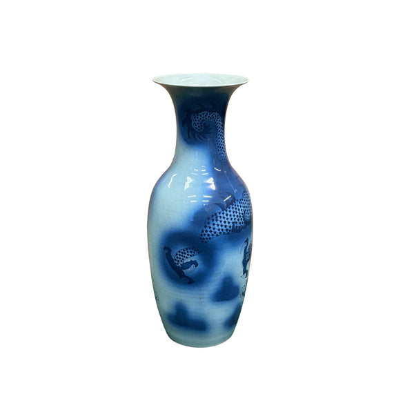 Pair Deep Blue Dragon Koi Fish Graphic Tall Porcelain Art Vases ws4894 ...