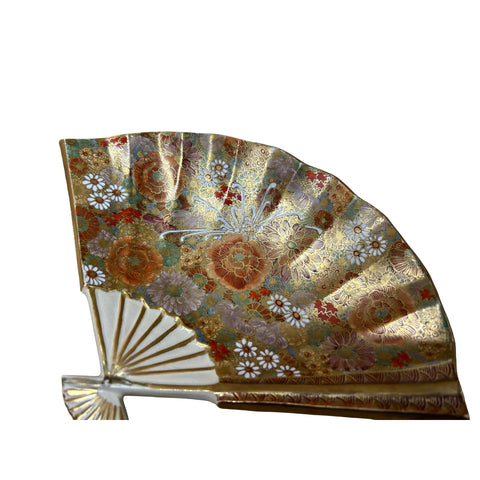 Oriental Fan Shape Porcelain Display Art Plates Golden Scenery Graphic ...